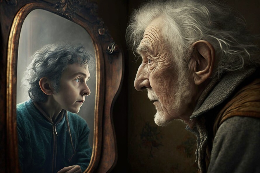 Checko Fresco - Old looks at young self in Mirror