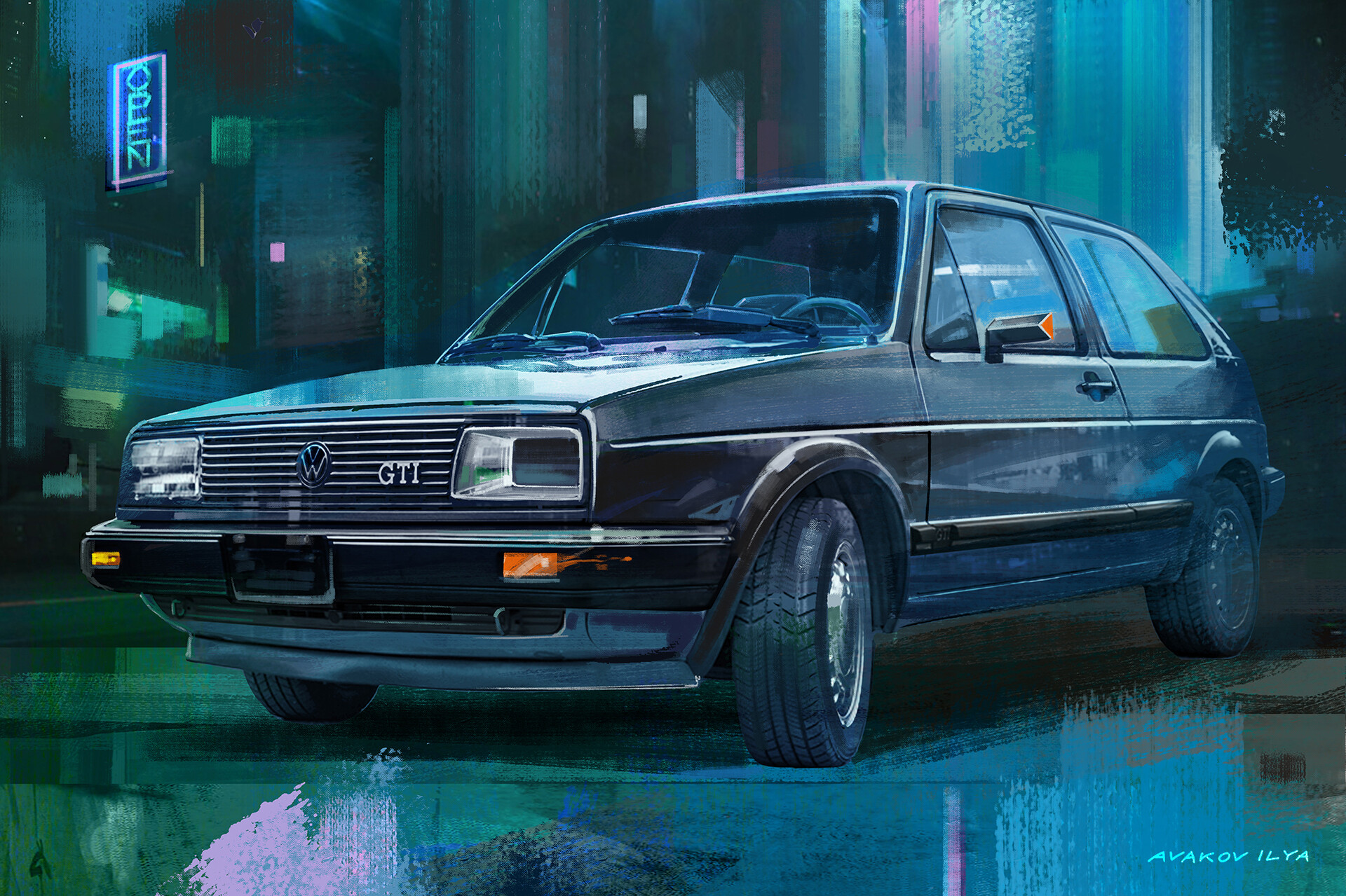 ArtStation - VW Golf cyberpunk