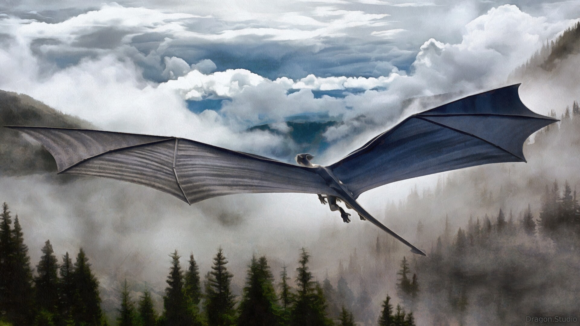 ArtStation - Dragon Flying Over Misty Forest