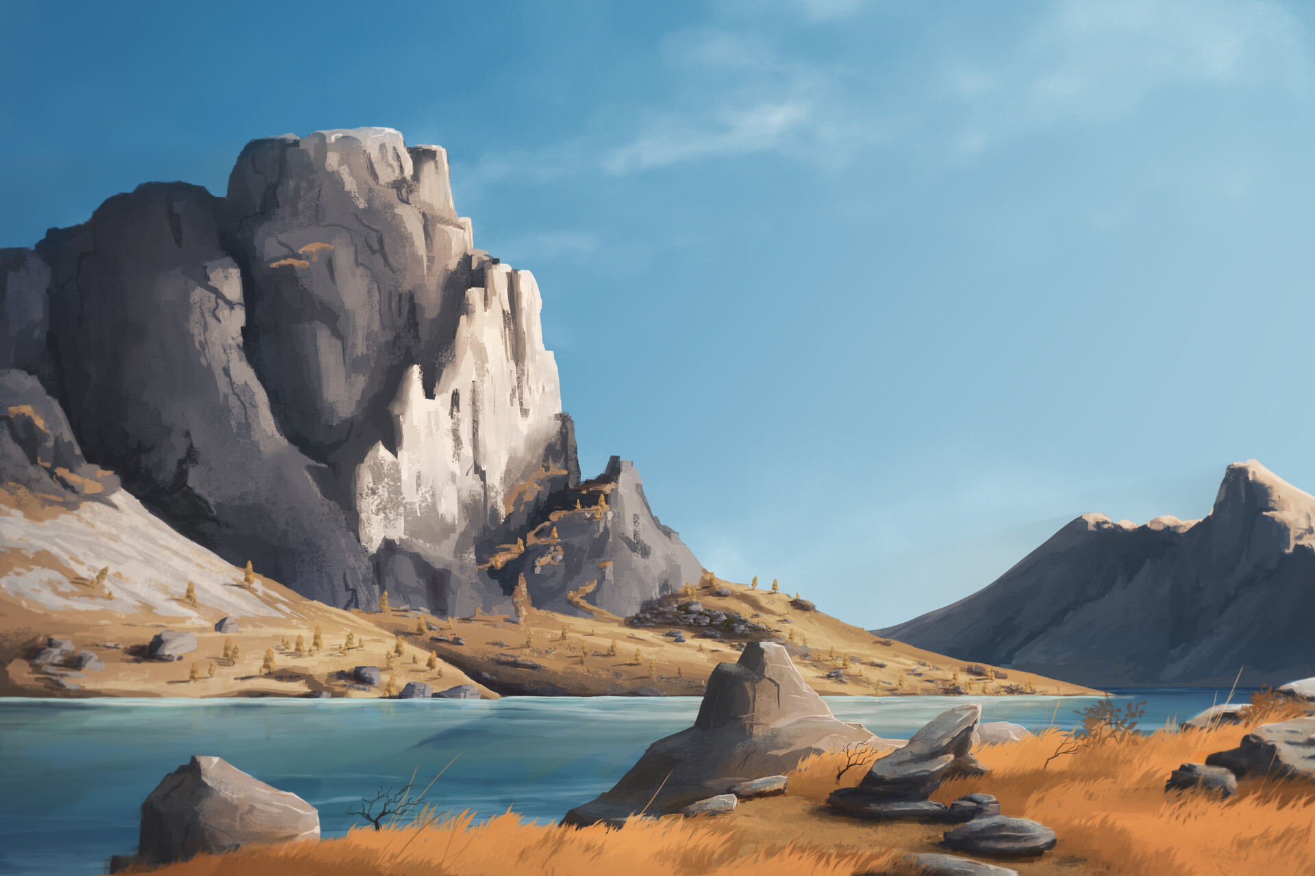 ArtStation - Peaceful Lake by Mountain Side - Landscape painting
