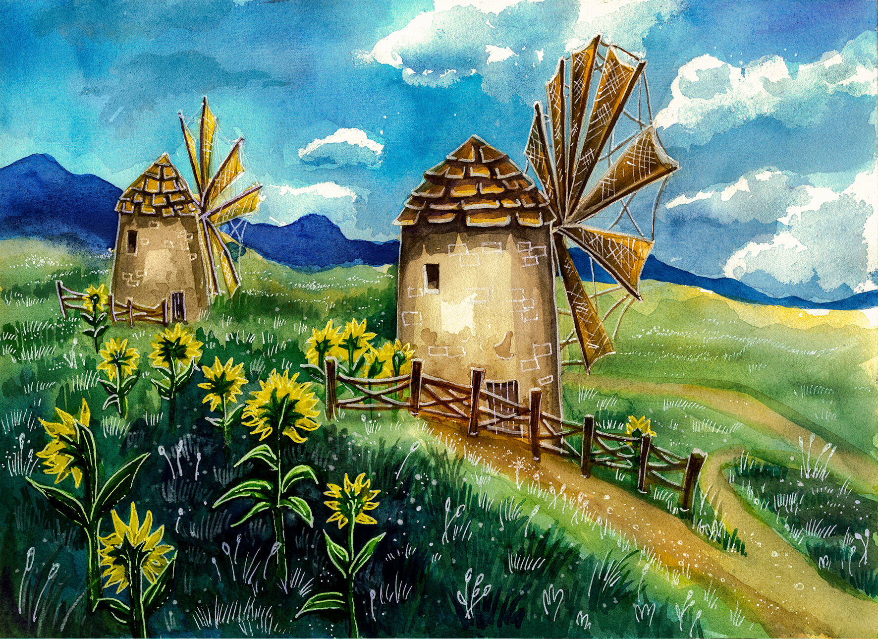 ArtStation - Watercolor landscape with old windmills