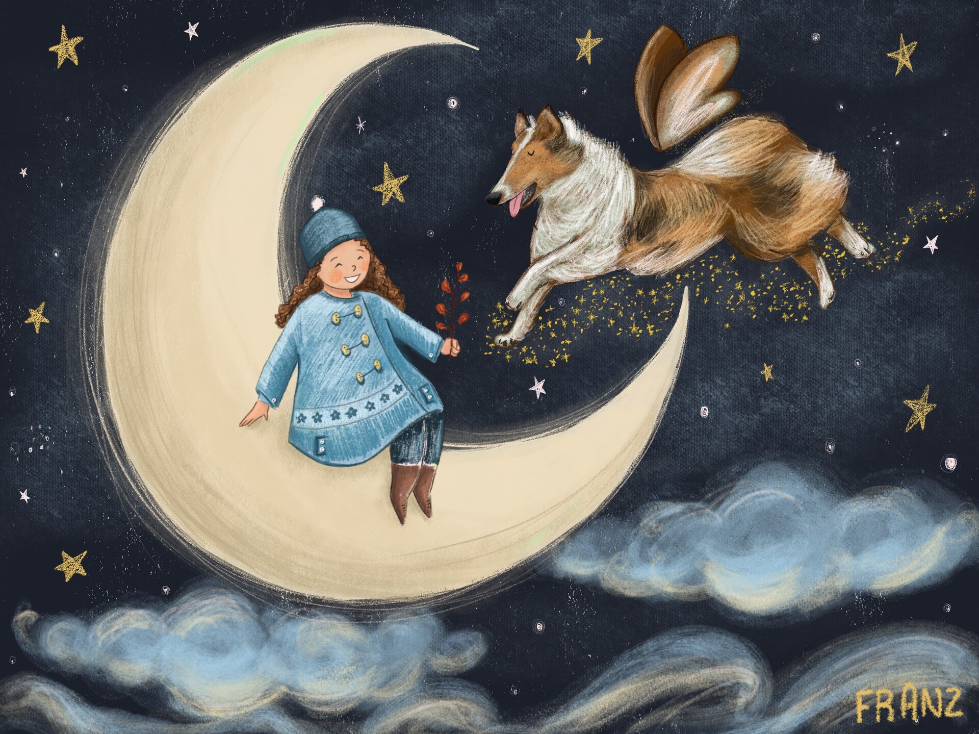 ArtStation - Girl, dog, moon