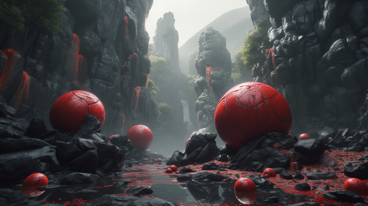 xuexing-chen-idea-giant-japanese-style-red-orbs-growing-on-cliffslava ...