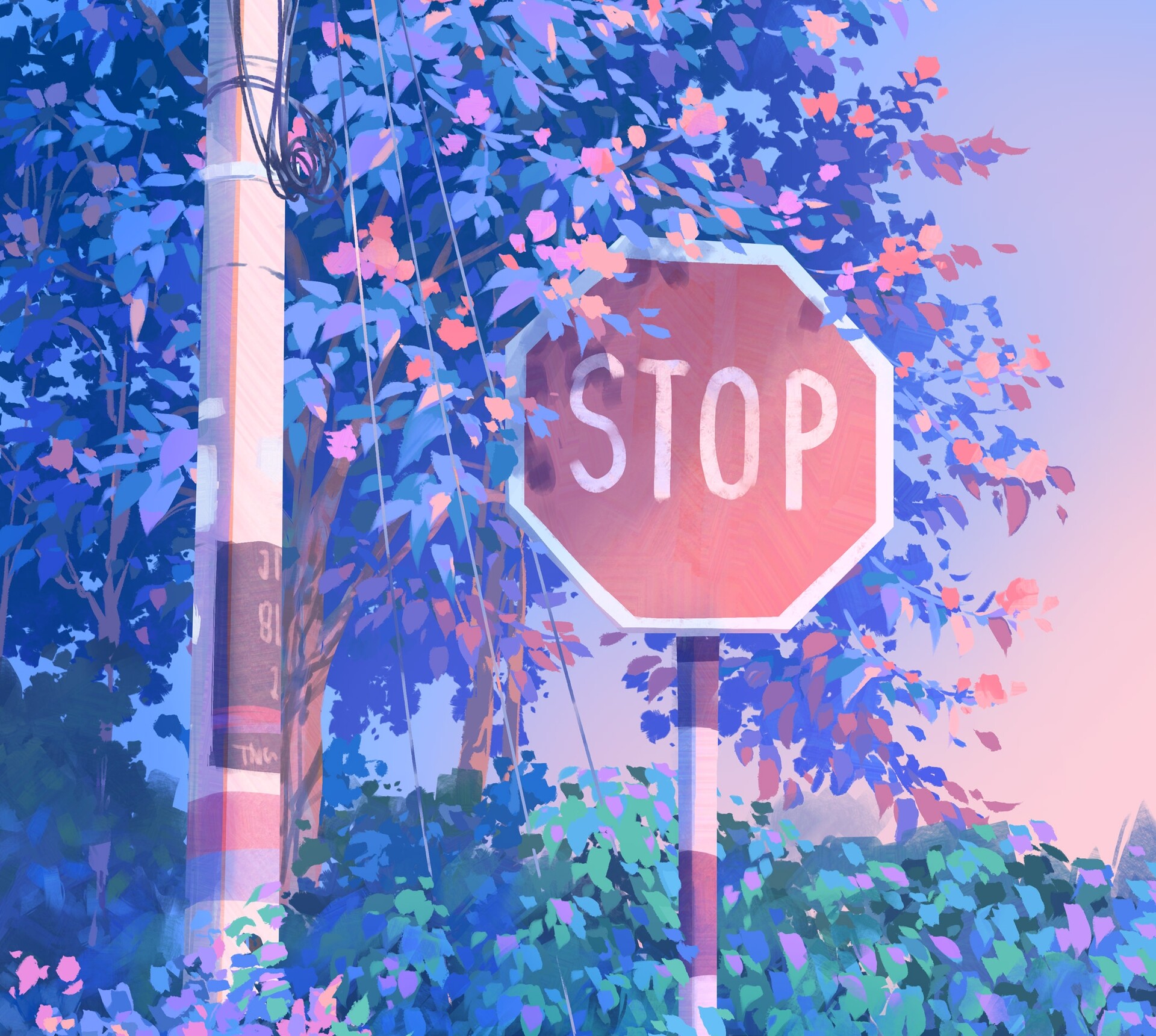 ArtStation - Street sign surrounded by leaves