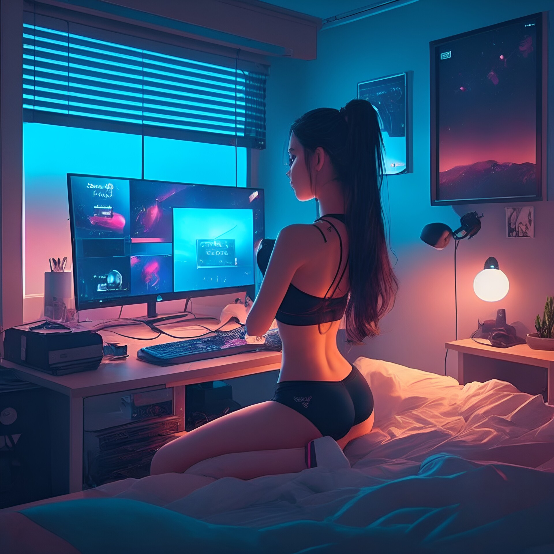 Artstation Hot E Girl Streaming Lewd Ai Generated X2 Glowing Night Setup 2