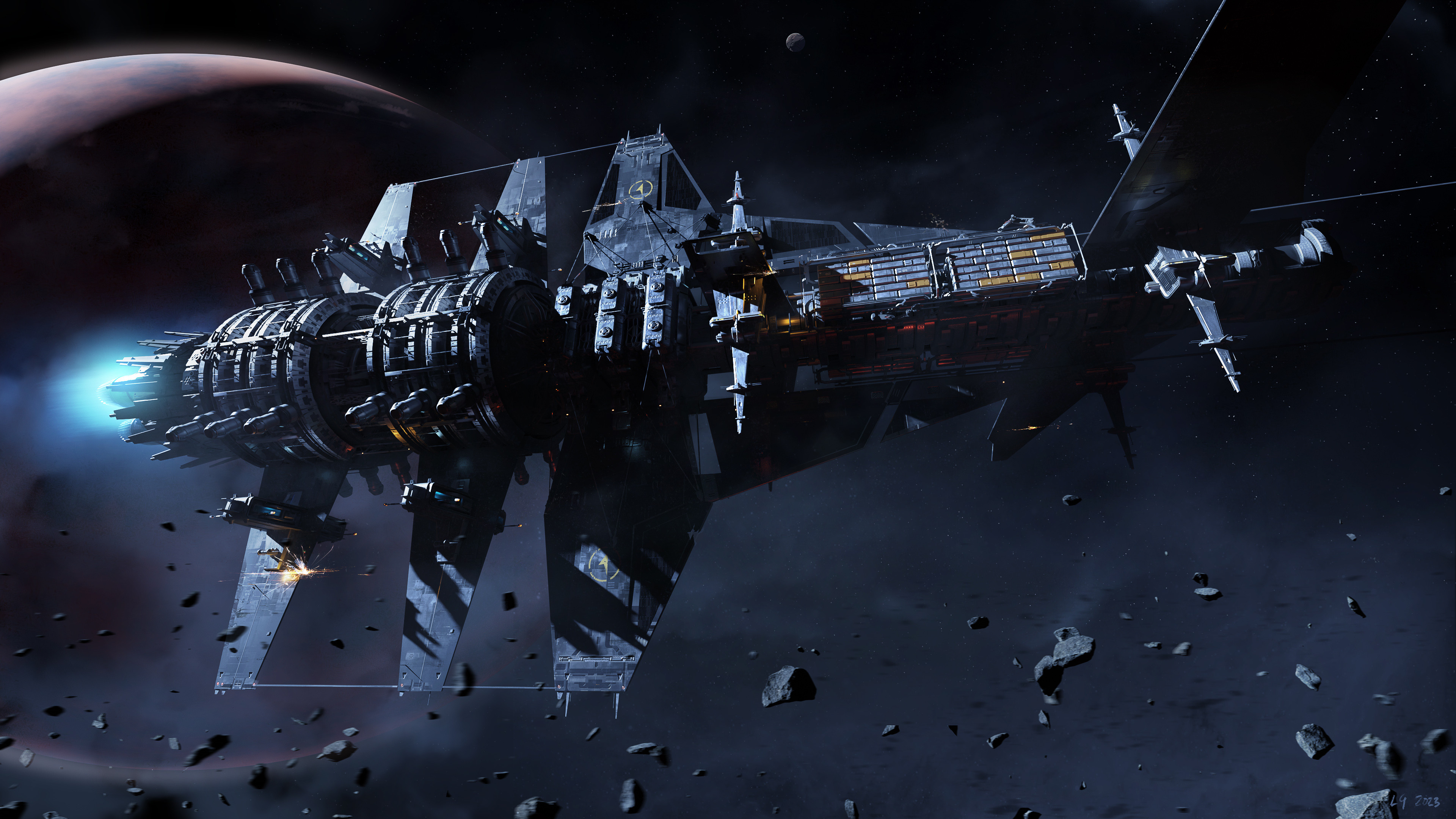 A fast transport cargo ship decelerating through an asteroid field by ...