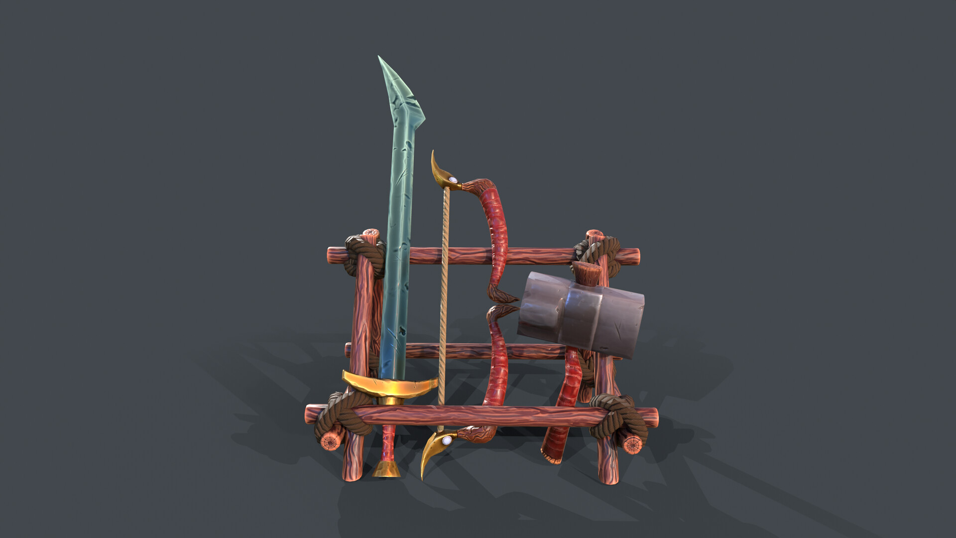ArtStation - Weapon rack / sword, bow and hammer
