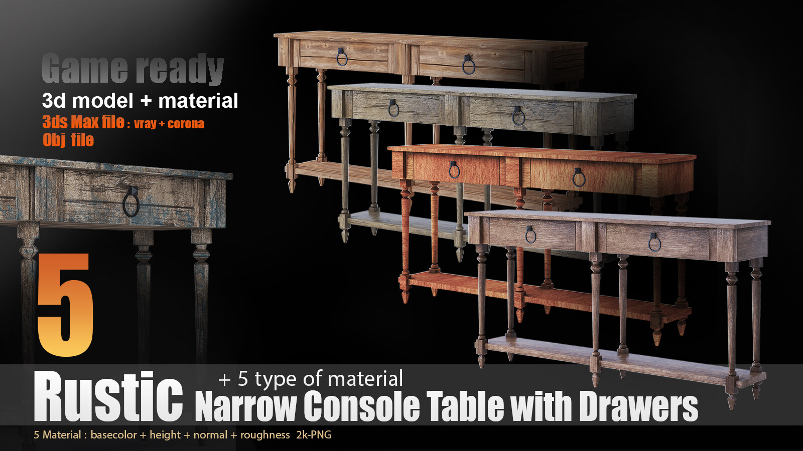 ArtStation - Rustic Narrow Console Table with Drawers
