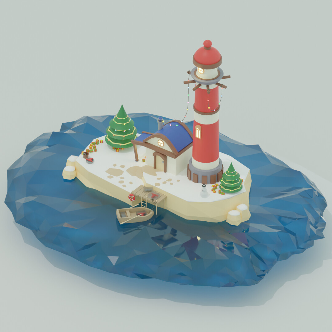 ArtStation - LowPoly Christmas Lighthouse Diorama