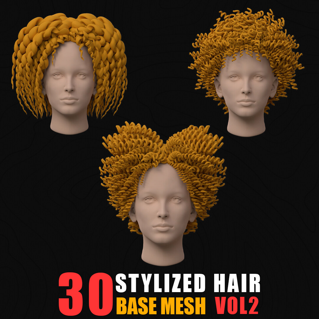 ArtStation - 30 Stylized Hair Base Mesh - VOL 02
