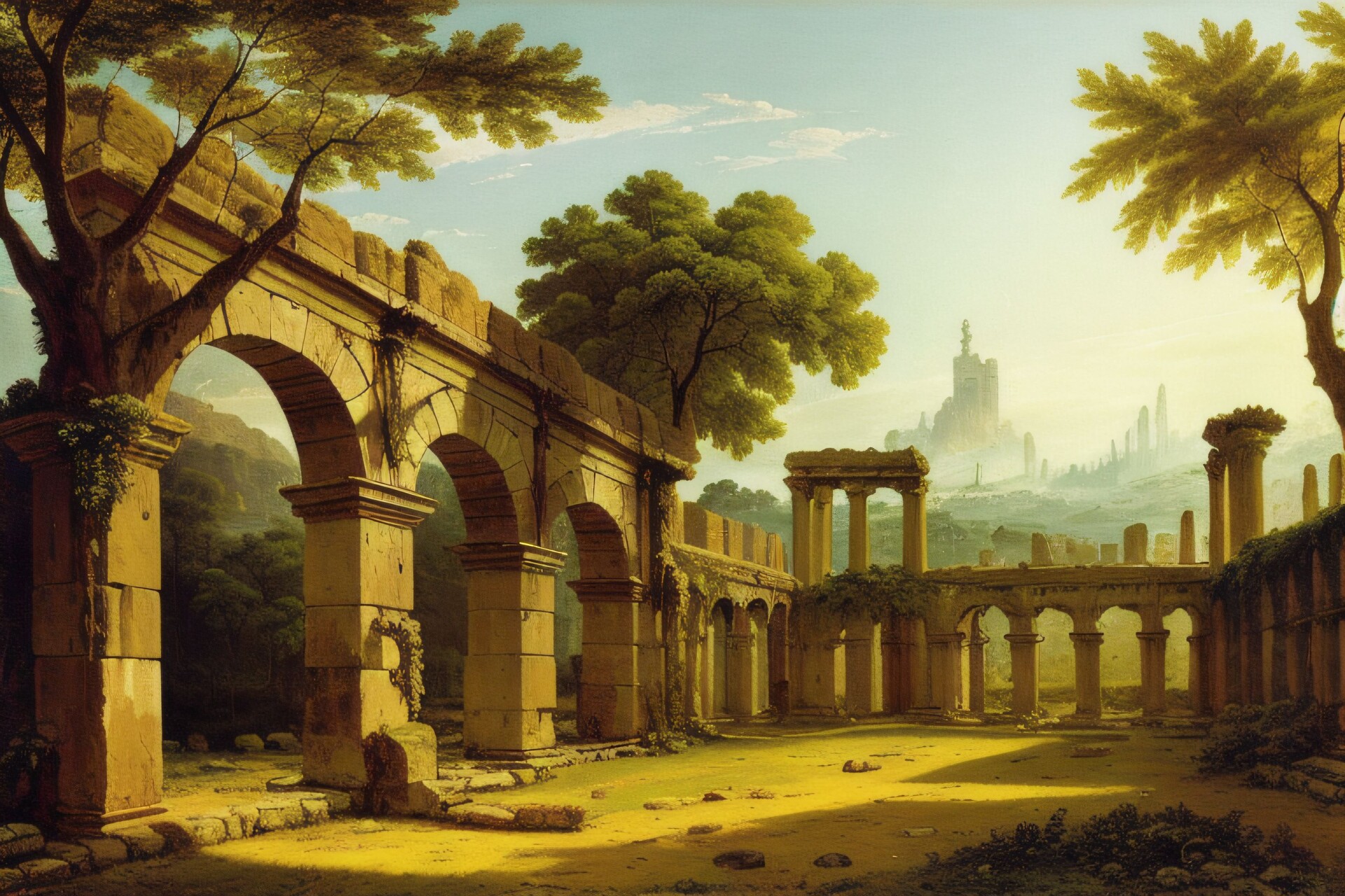 ArtStation - [AI] Oil painting of overgrown ancient ruins bathed in ...