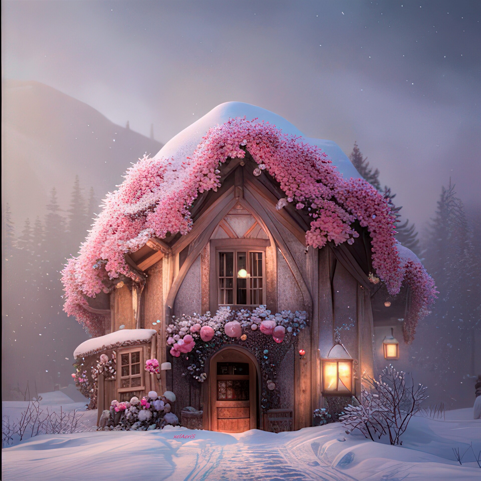 ArtStation - Idyllic Cottage in winter snow
