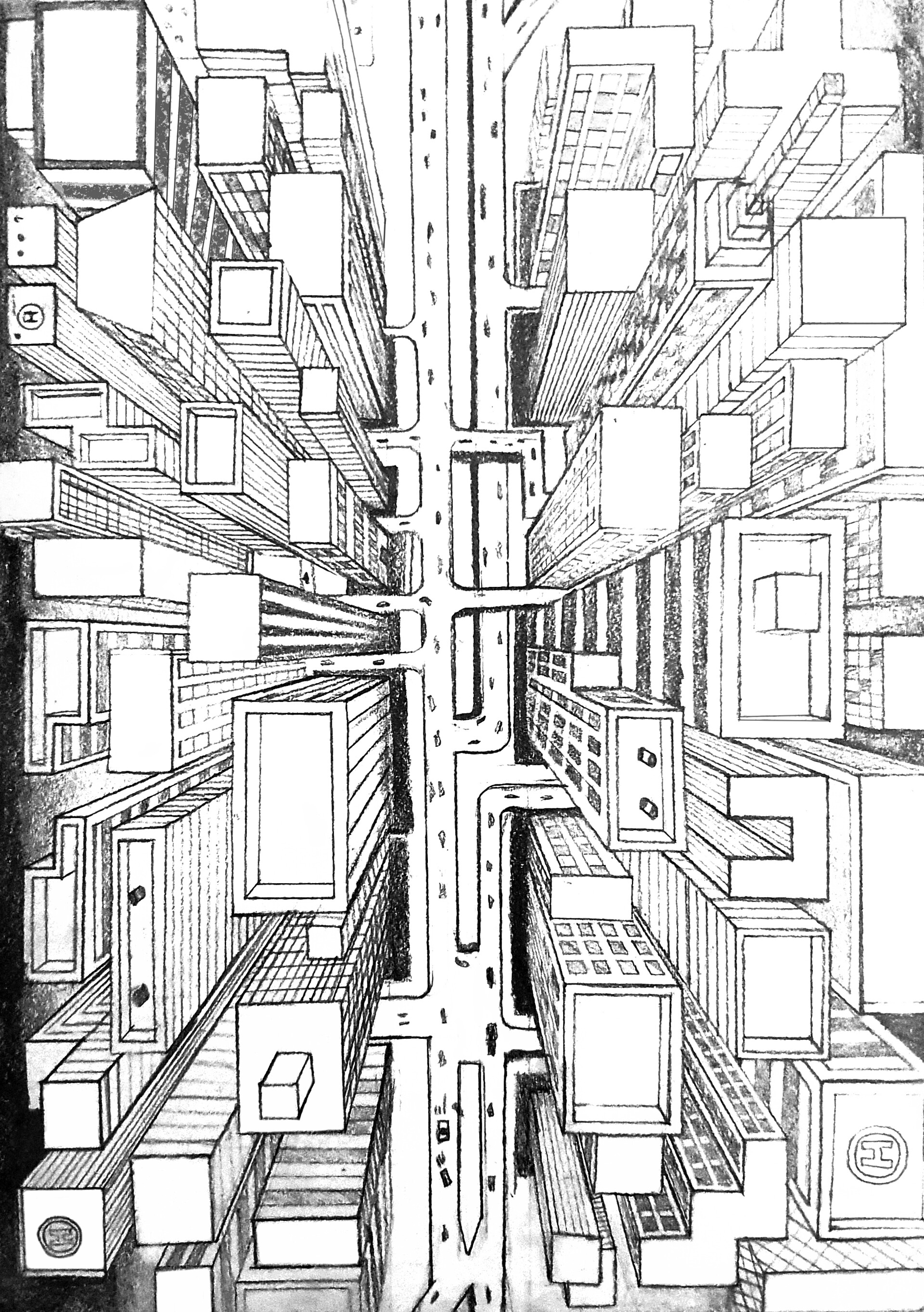 One Point Perspective City Birds Eye View