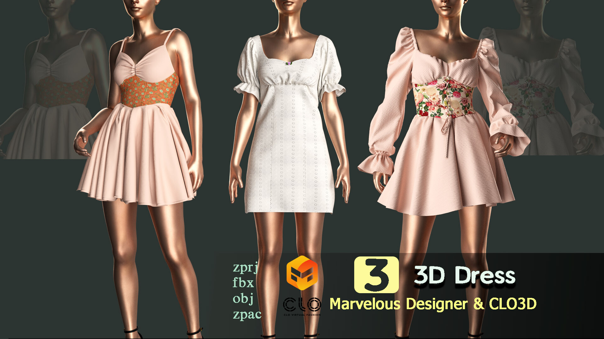 ArtStation - 3 Dress / Marvelous & Clo3d Files (.zprj & .zpac) + OBJ + FBX