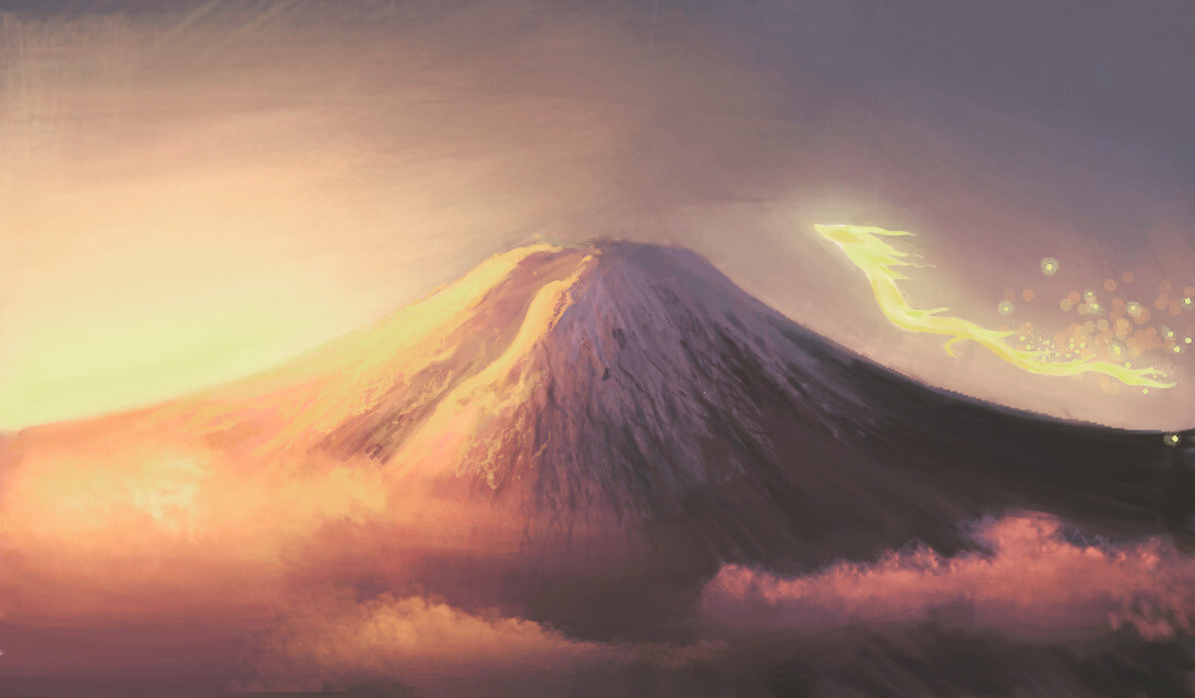 ArtStation - A dragon flies over Mount Fuji