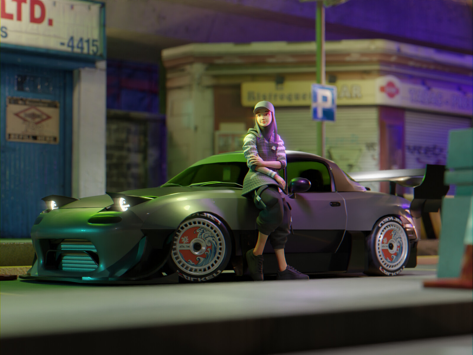 ArtStation - 3D Hijab Girl and Race Car illustration