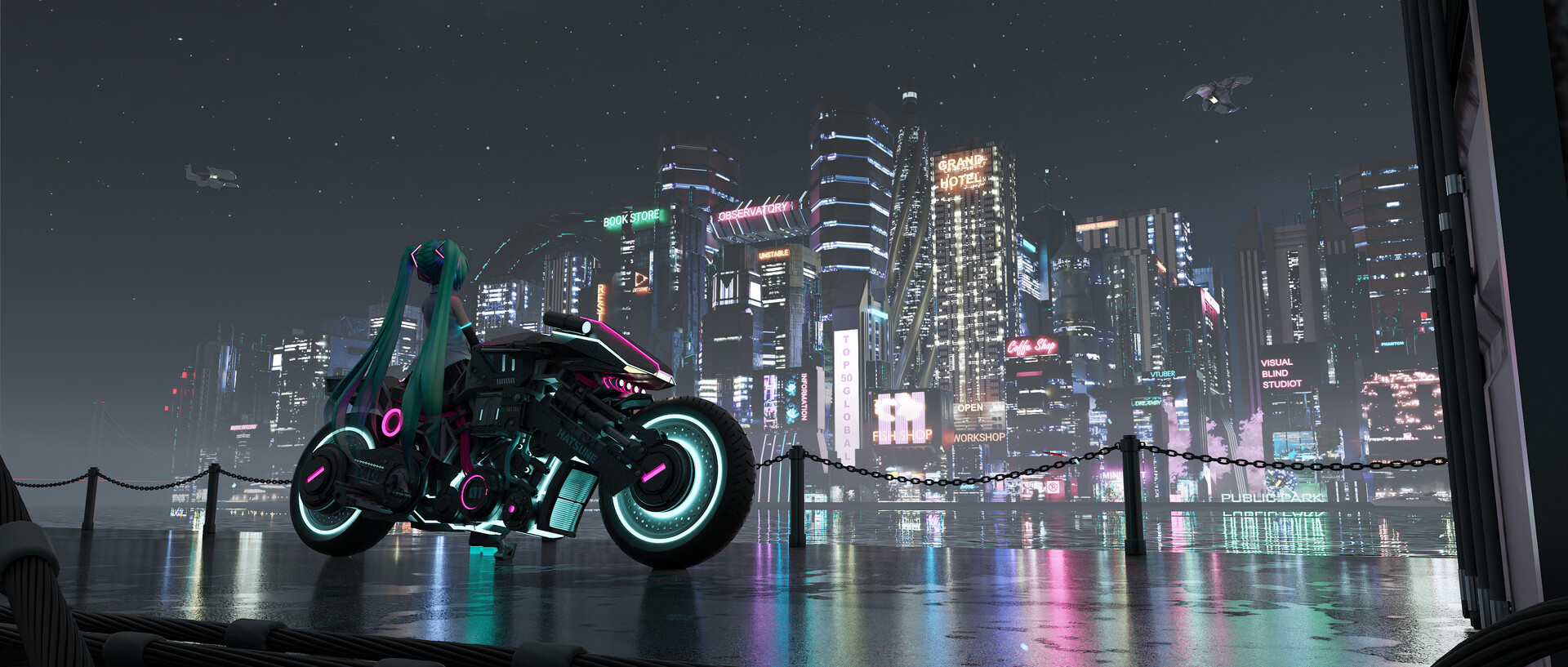 ArtStation - Blender cycles render: Night city with Miku