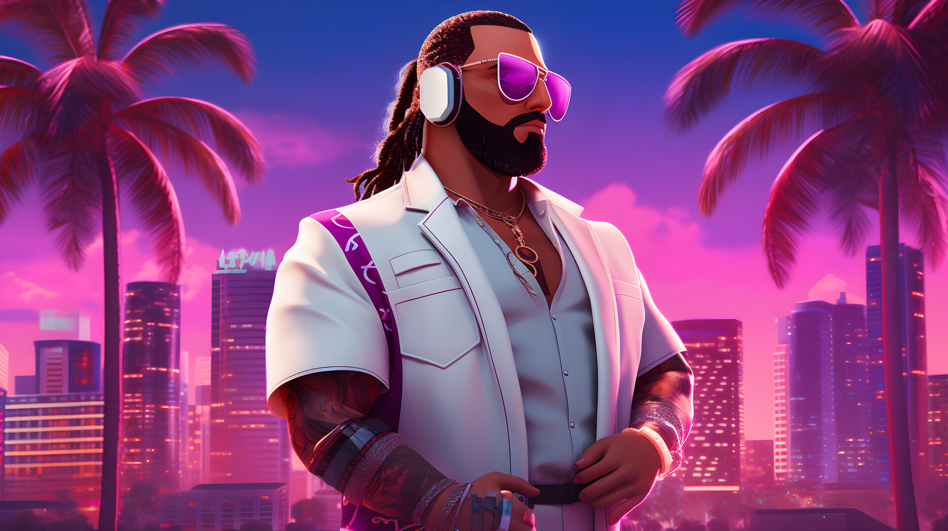 ArtStation - Big guy with rastas listening to synthwave in front of the ...