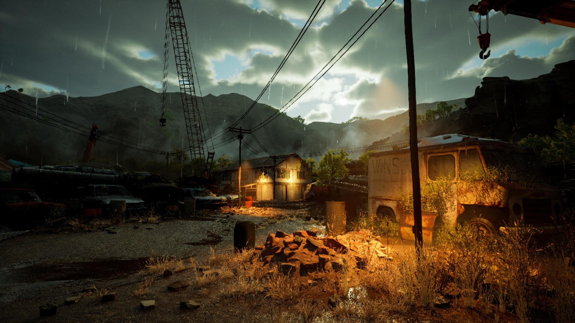ArtStation - THE YARD ( old vehicle yard with rainy & evening time)