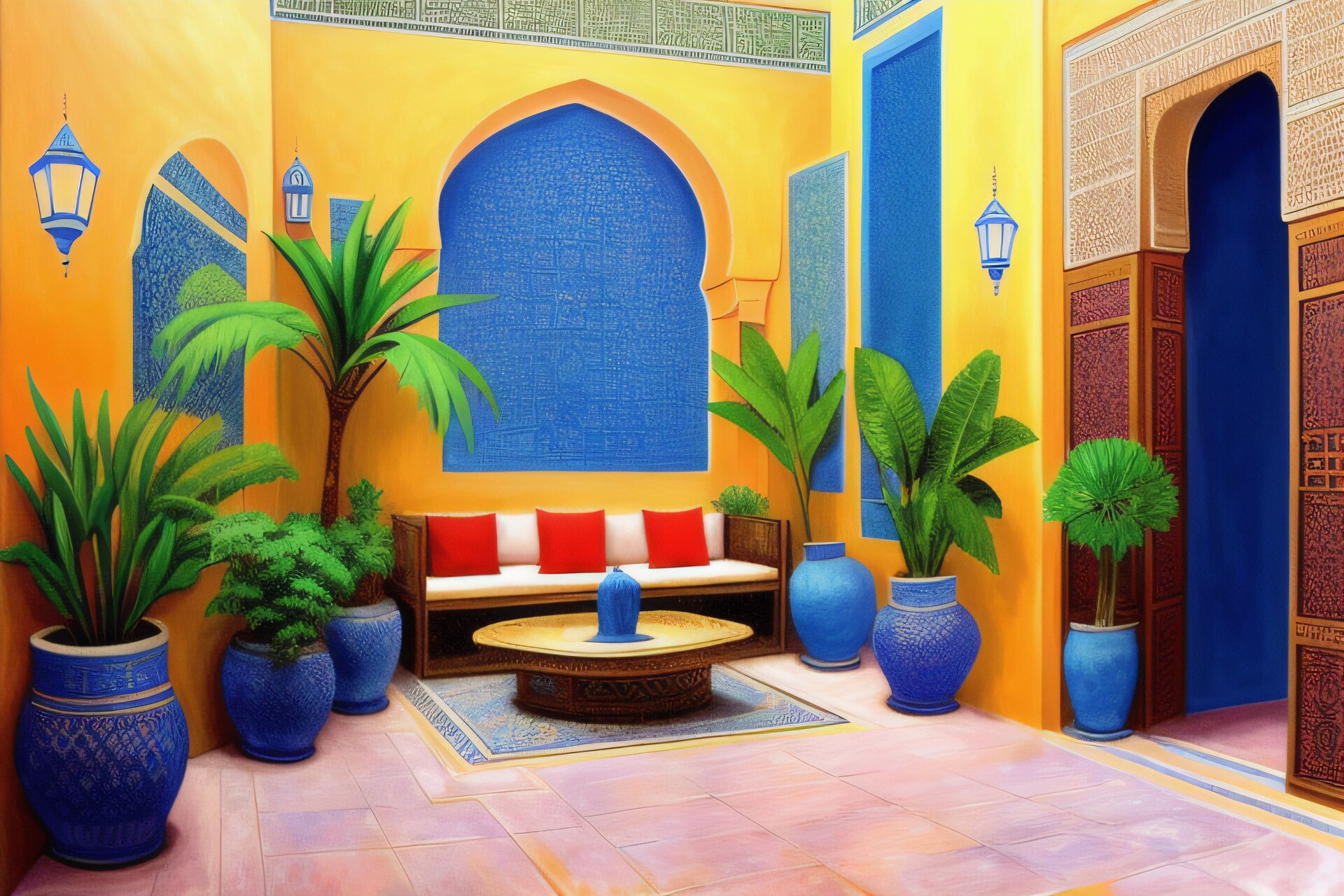 the_french_artist - Oil painting, a traditional Moroccan riad with a ...