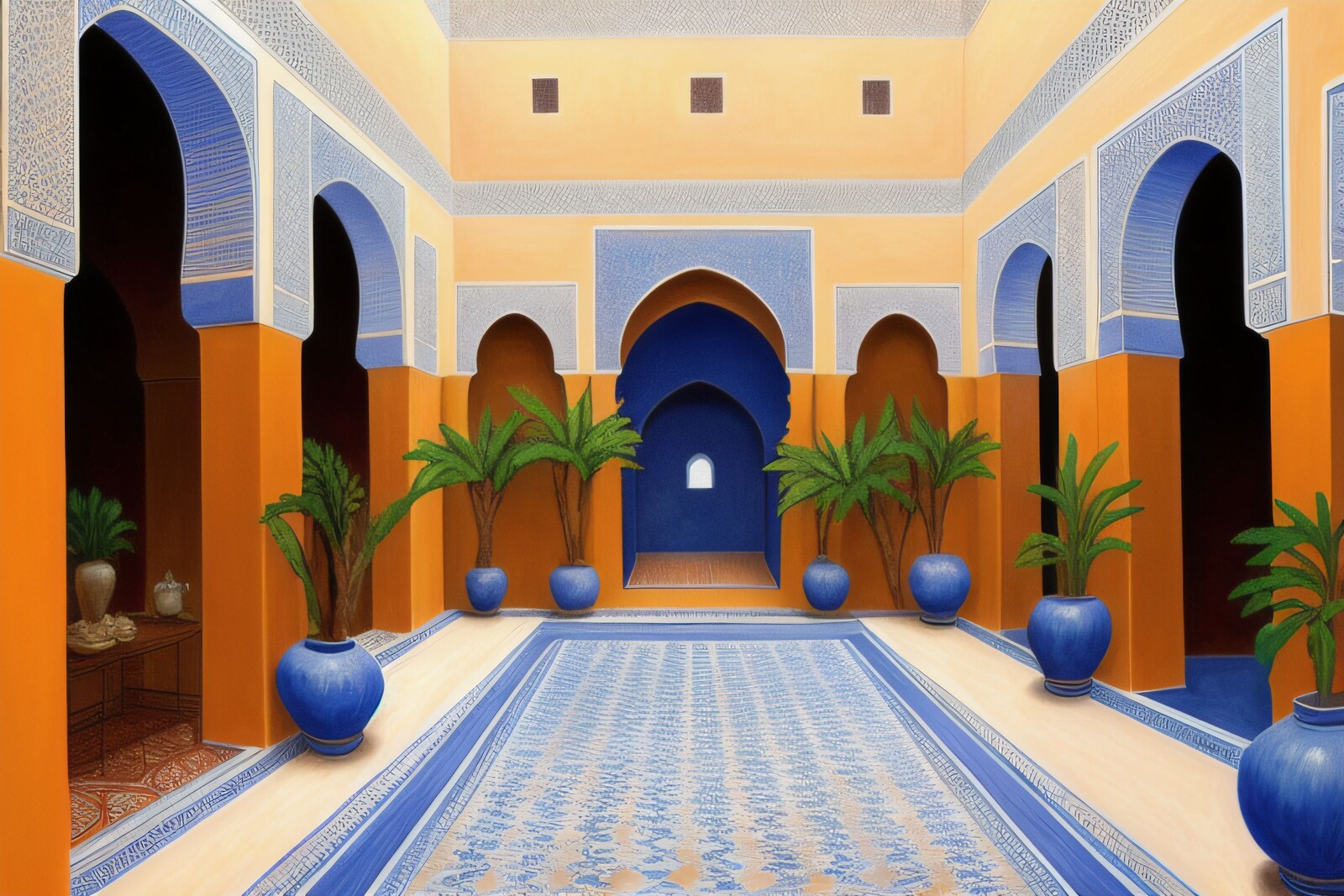the_french_artist - Oil painting, a traditional Moroccan riad with a ...