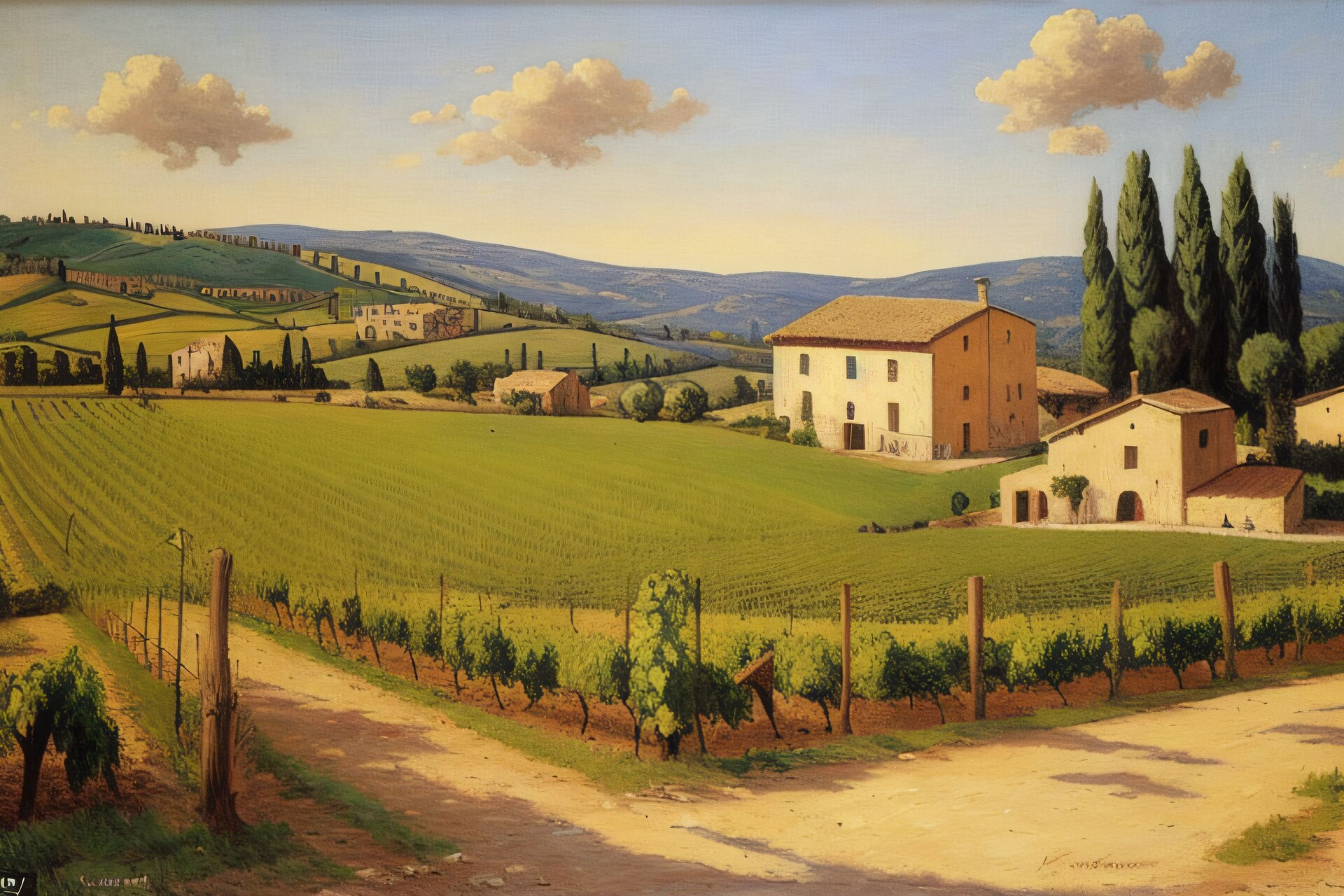 the_french_artist - Oil painting, a rustic Italian farmhouse nestled in ...
