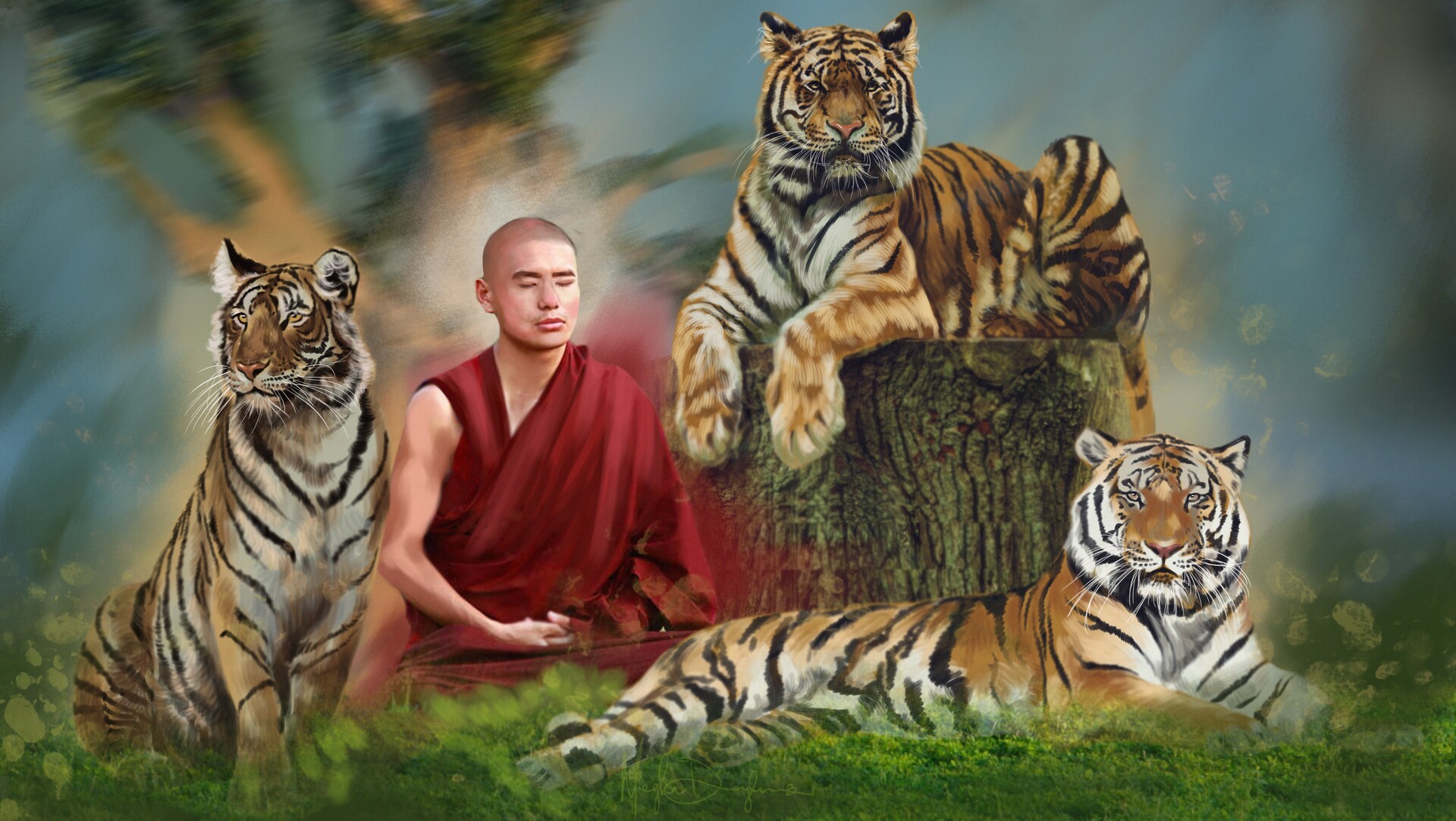 ArtStation - Meditating Monk With Tigers