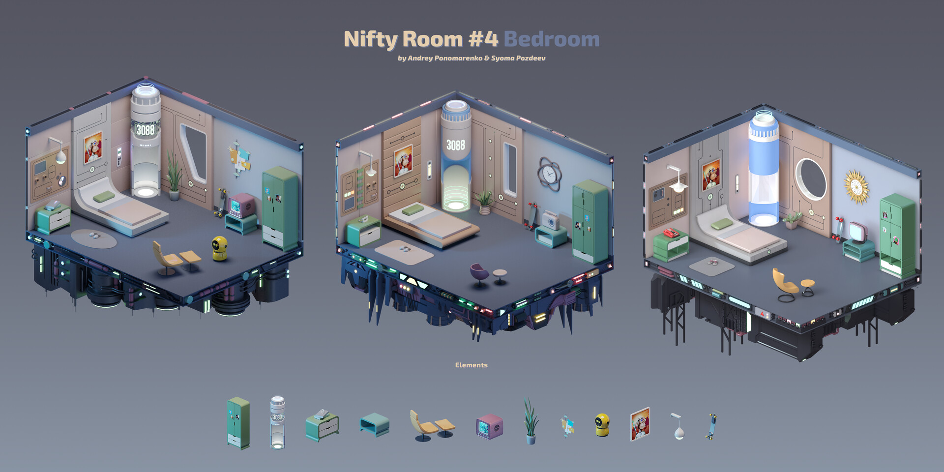 ArtStation - Retro Futuristic Isometric Rooms Series: Room #4 Bedroom