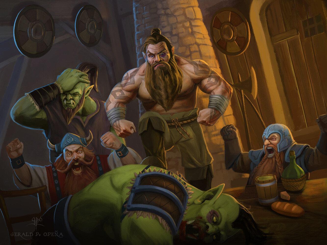 ArtStation - Dwarves Celebrating after a brawl in the tavern.
