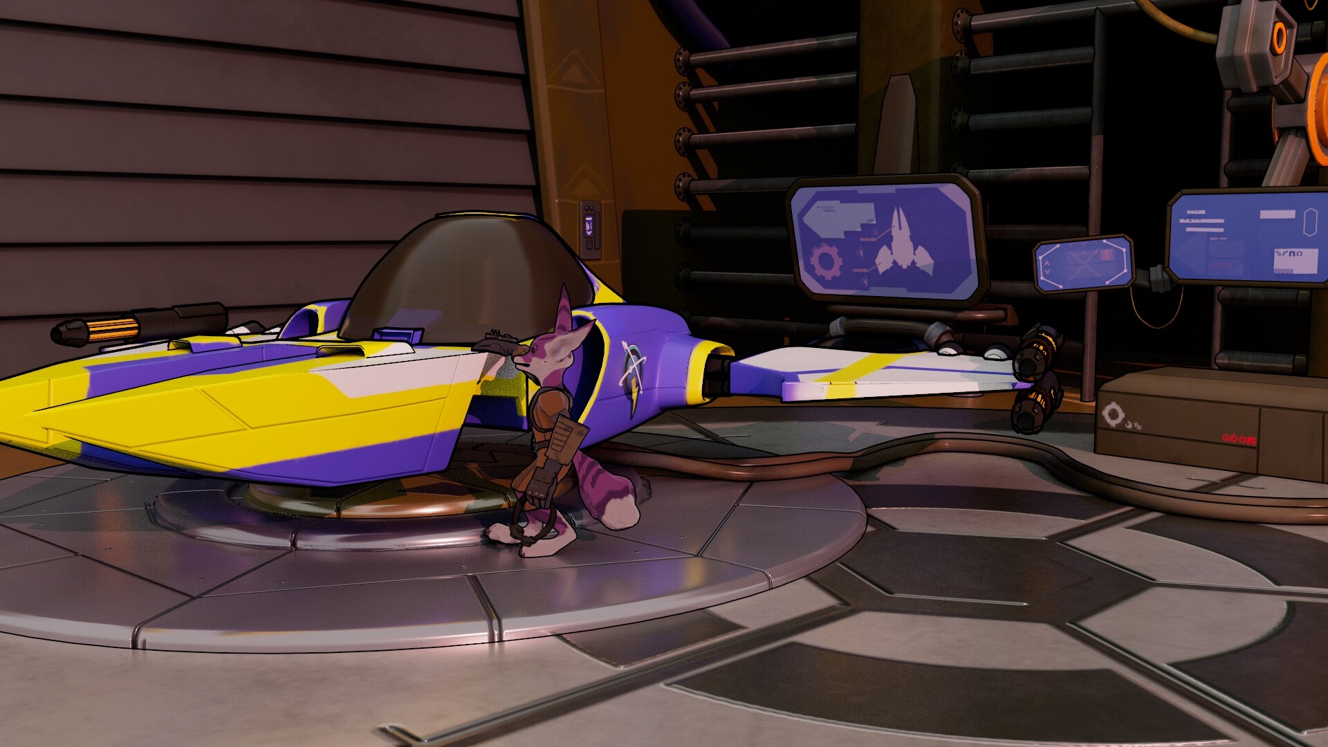 ArtStation - Cartoon spaceship hangar and its furry character