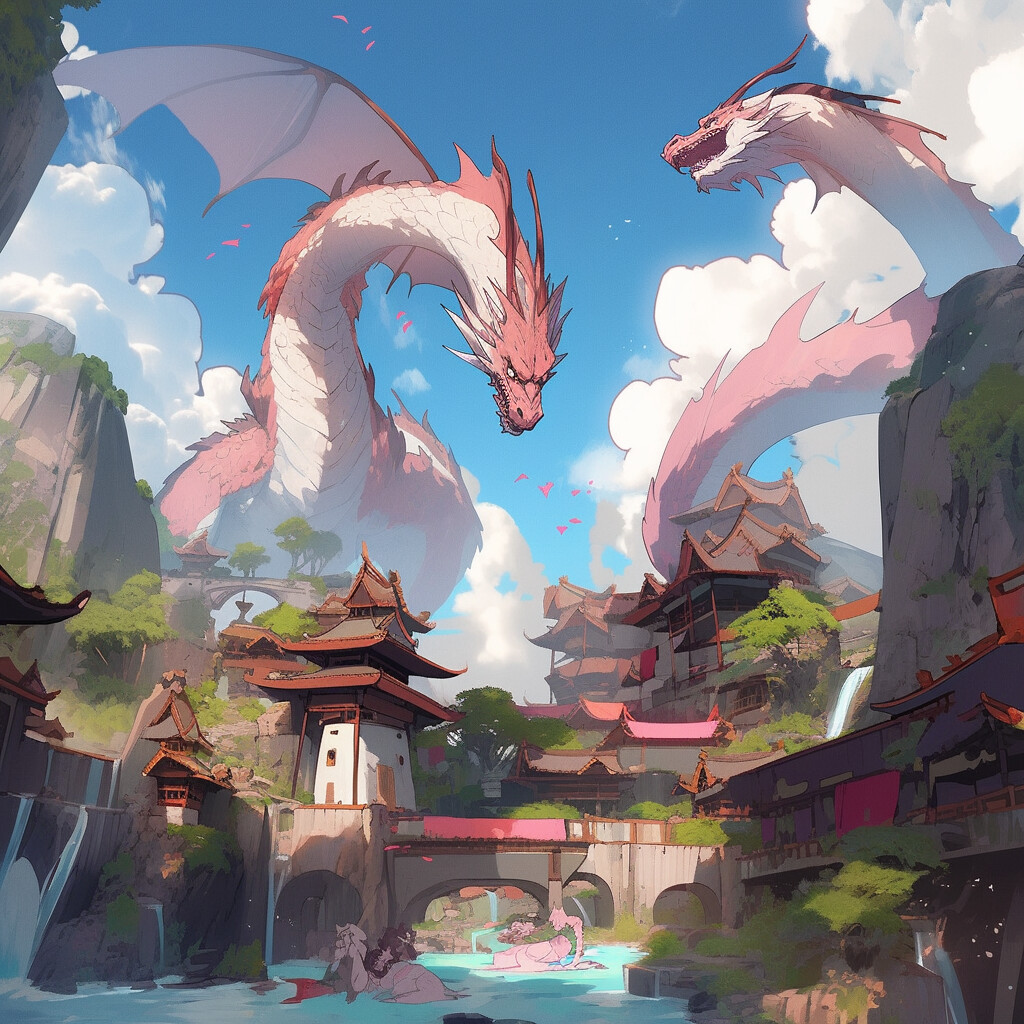 ArtStation - Japanese Town Pink Dragons - DND Setting - Commission