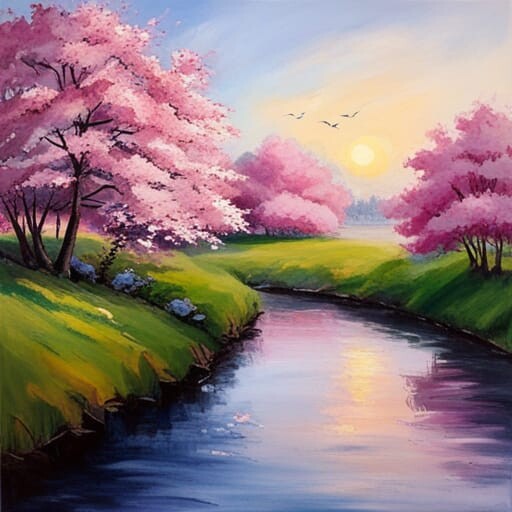 ArtStation - landscape with cherry trees and river