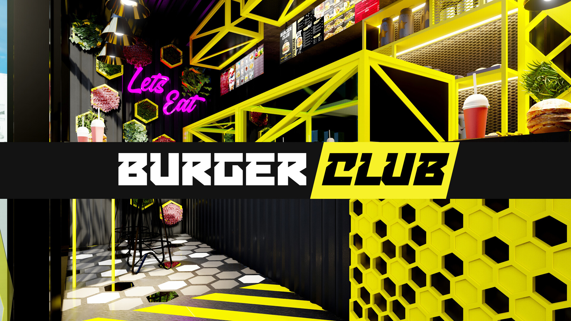 ArtStation - Burger Club cafe takeaway interior design and visualisation