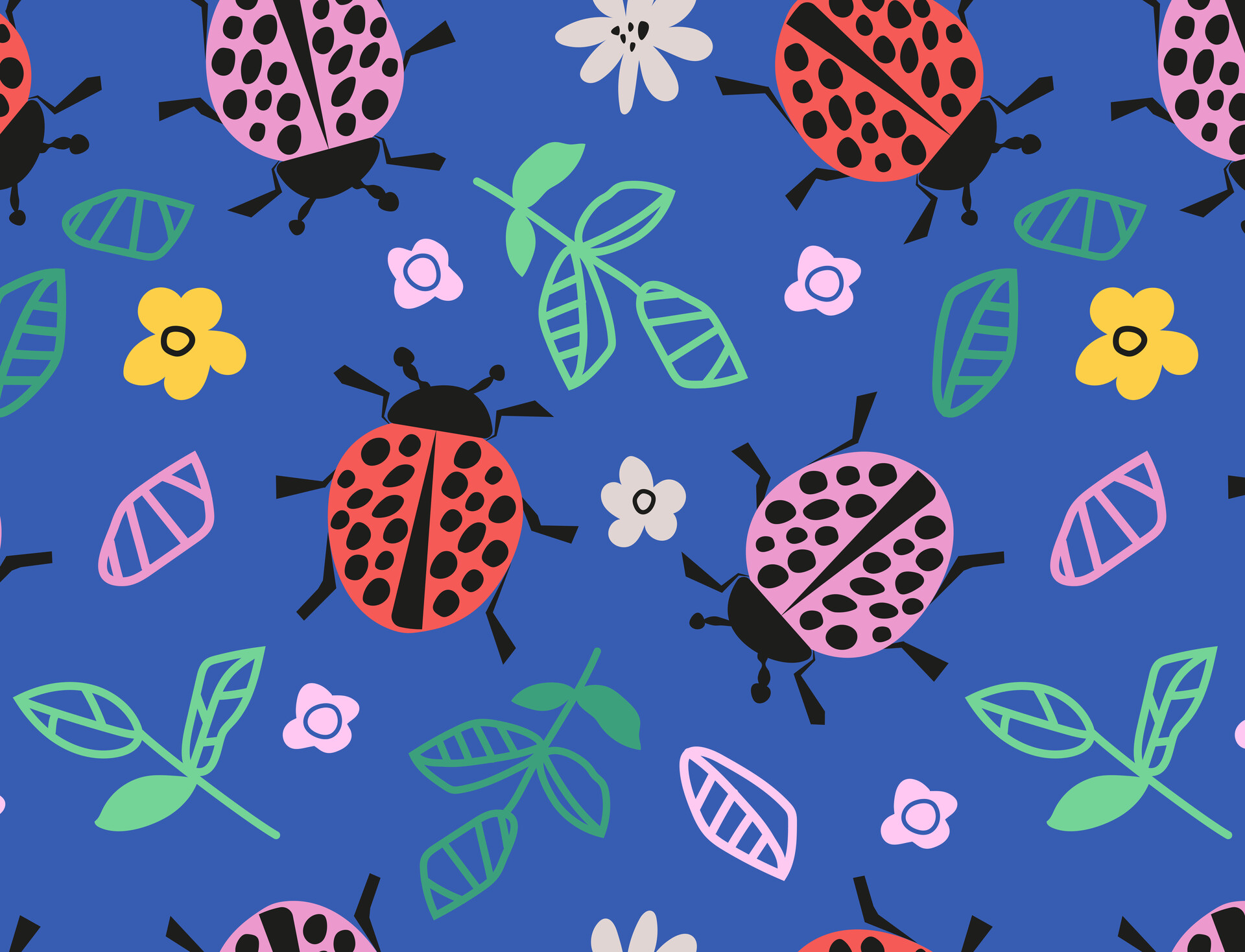 ArtStation - Ladybug with flowers and leaves seamless pattern.