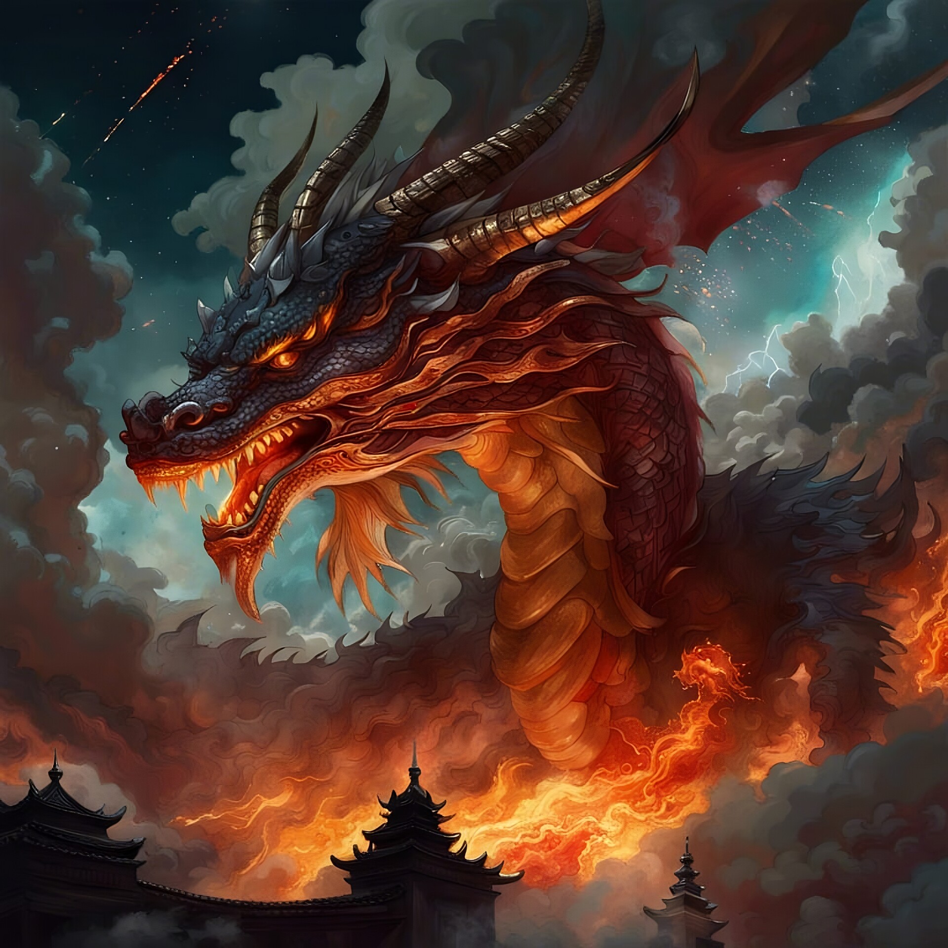 ArtStation - "A fire beautiful Chinese dragons in the sky above clouds