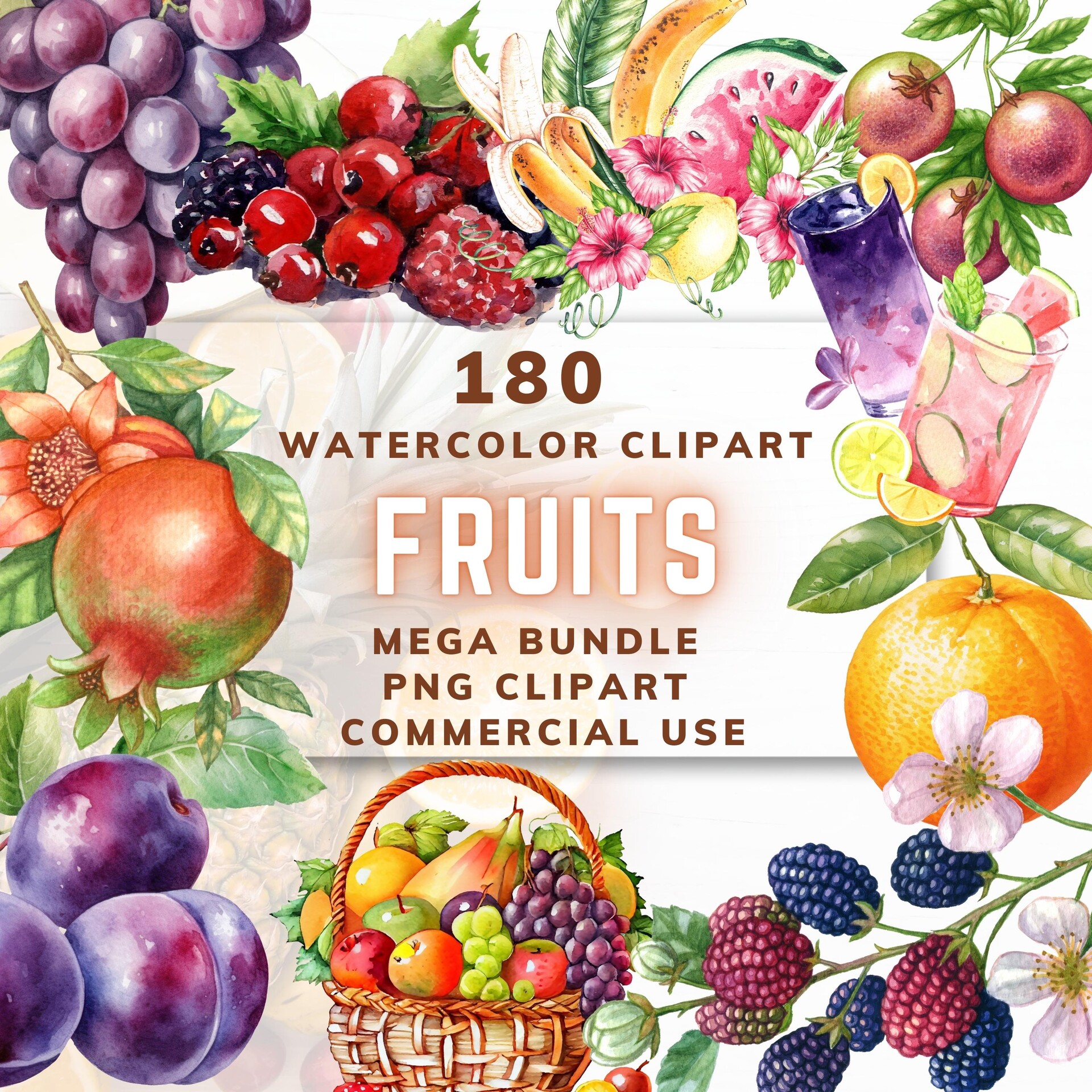 ArtStation - 180 Watercolor Fruits Clipart Bouquets, PNG, Digital ...