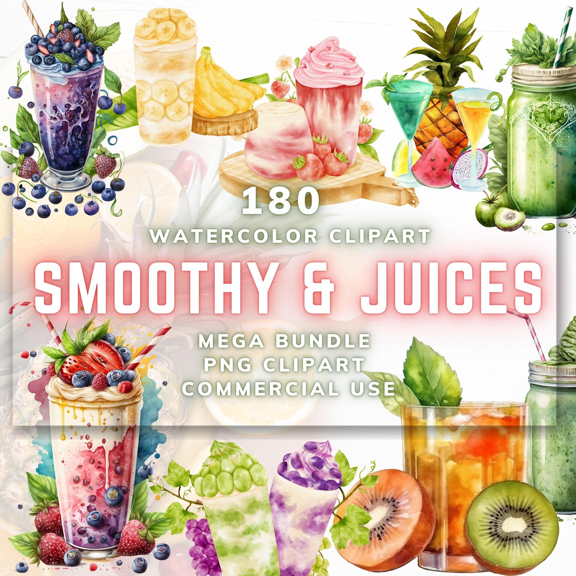 ArtStation - 180 Watercolor Smoothies Clipart Bundle