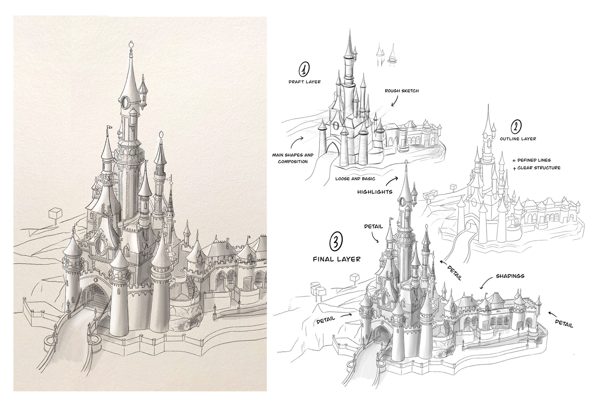 how to draw the disney castle outline