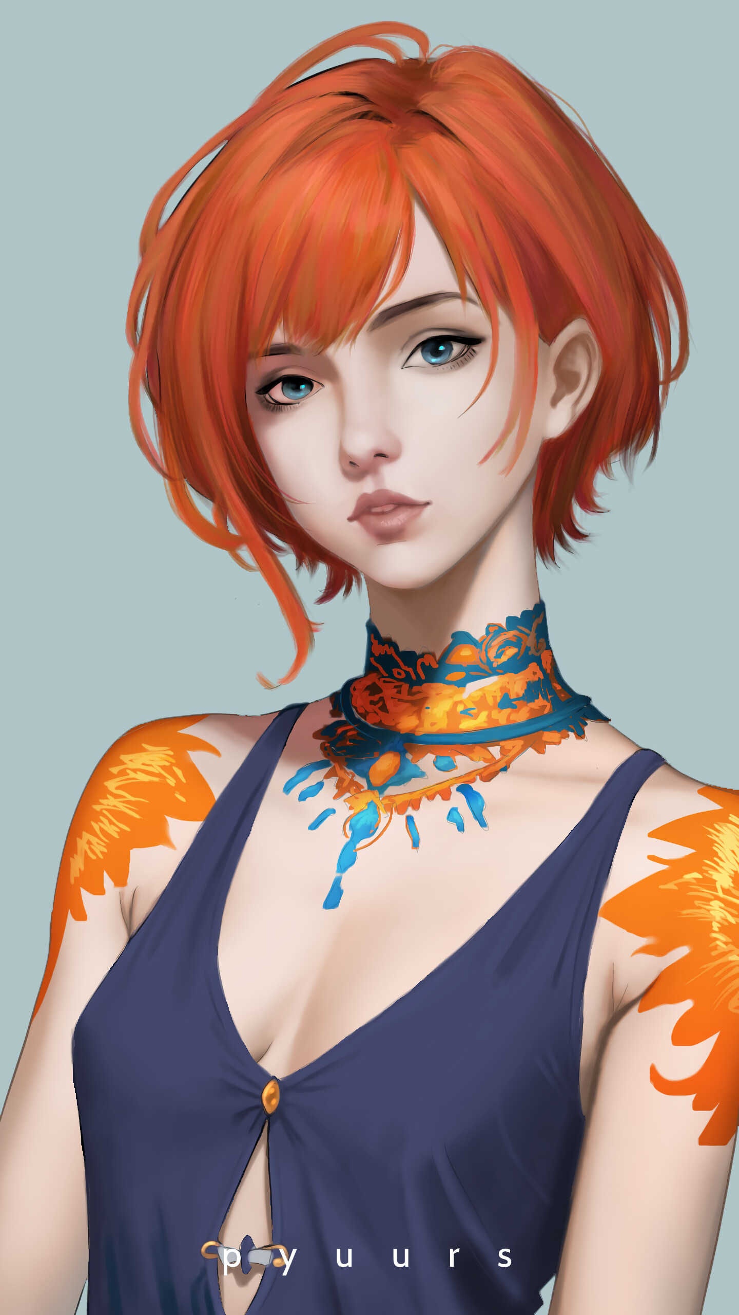 Anime Girl Short Orange Hair Blue Eyes