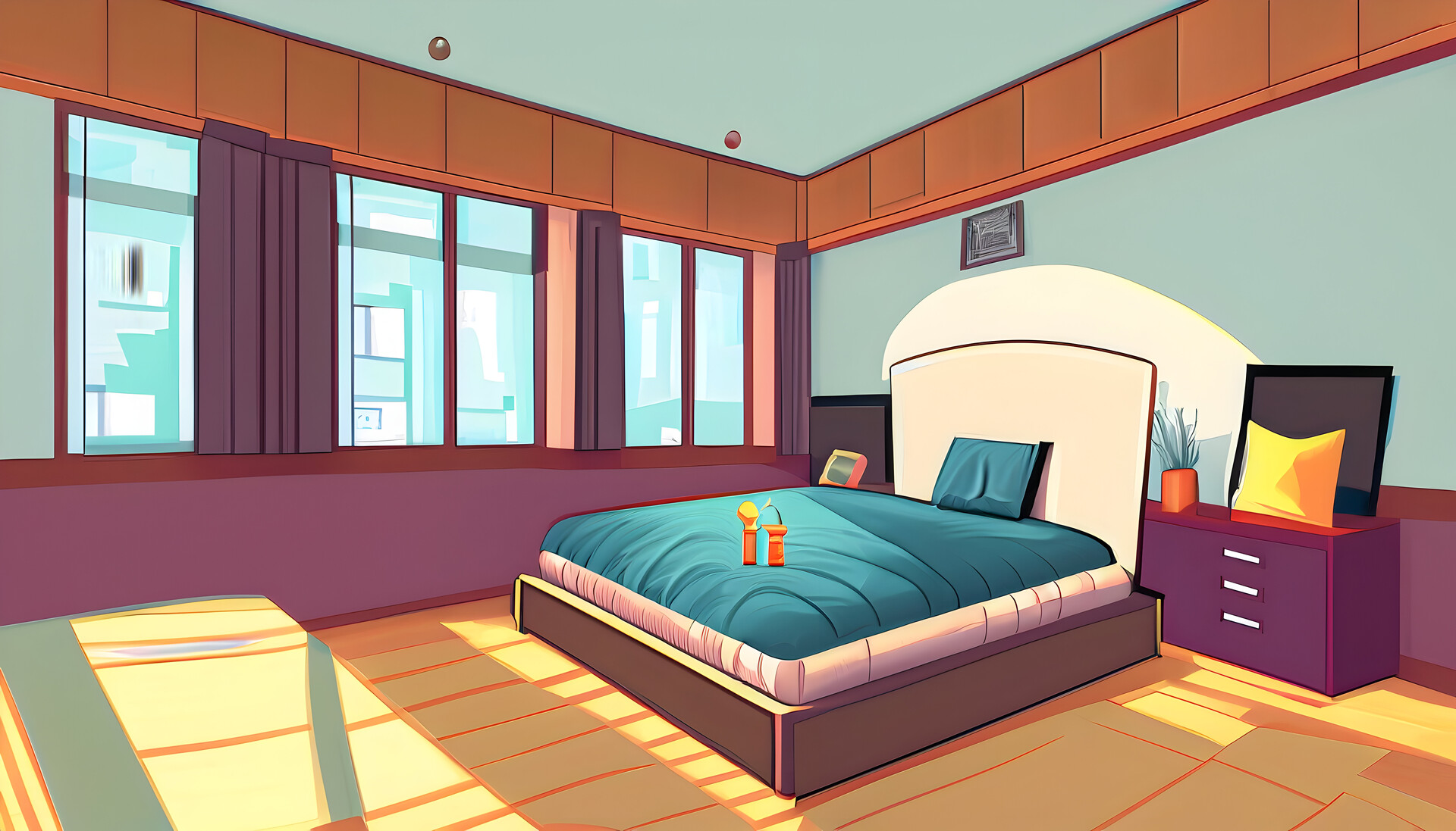 ArtStation - A cartoon modern bedroom interior background template.