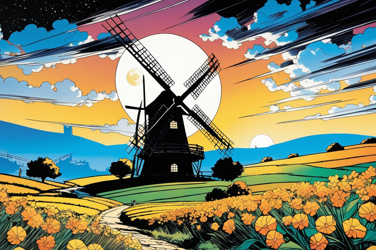 ArtStation - windmill in the flowers field