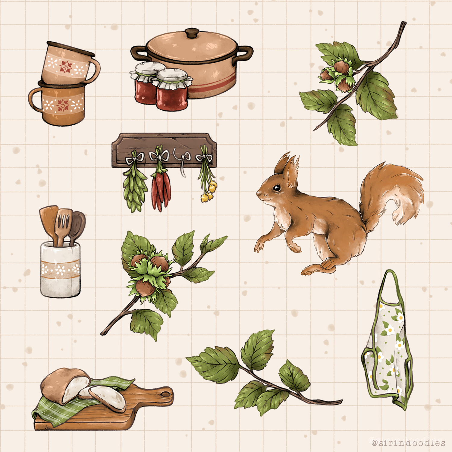 Sirin Doodles - Cottage props illustration - Squirrel and cottage core ...