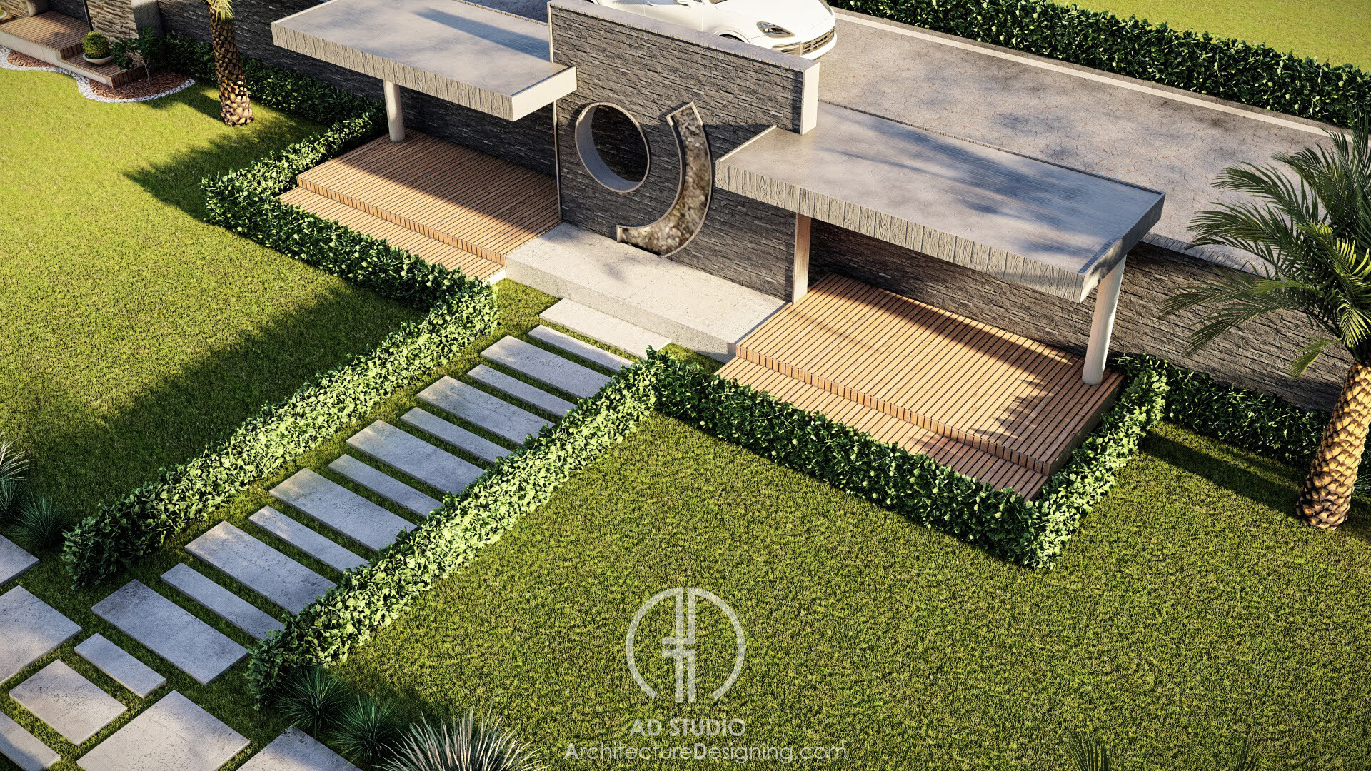 ArtStation - Modern front yard landscaping Feature wall design