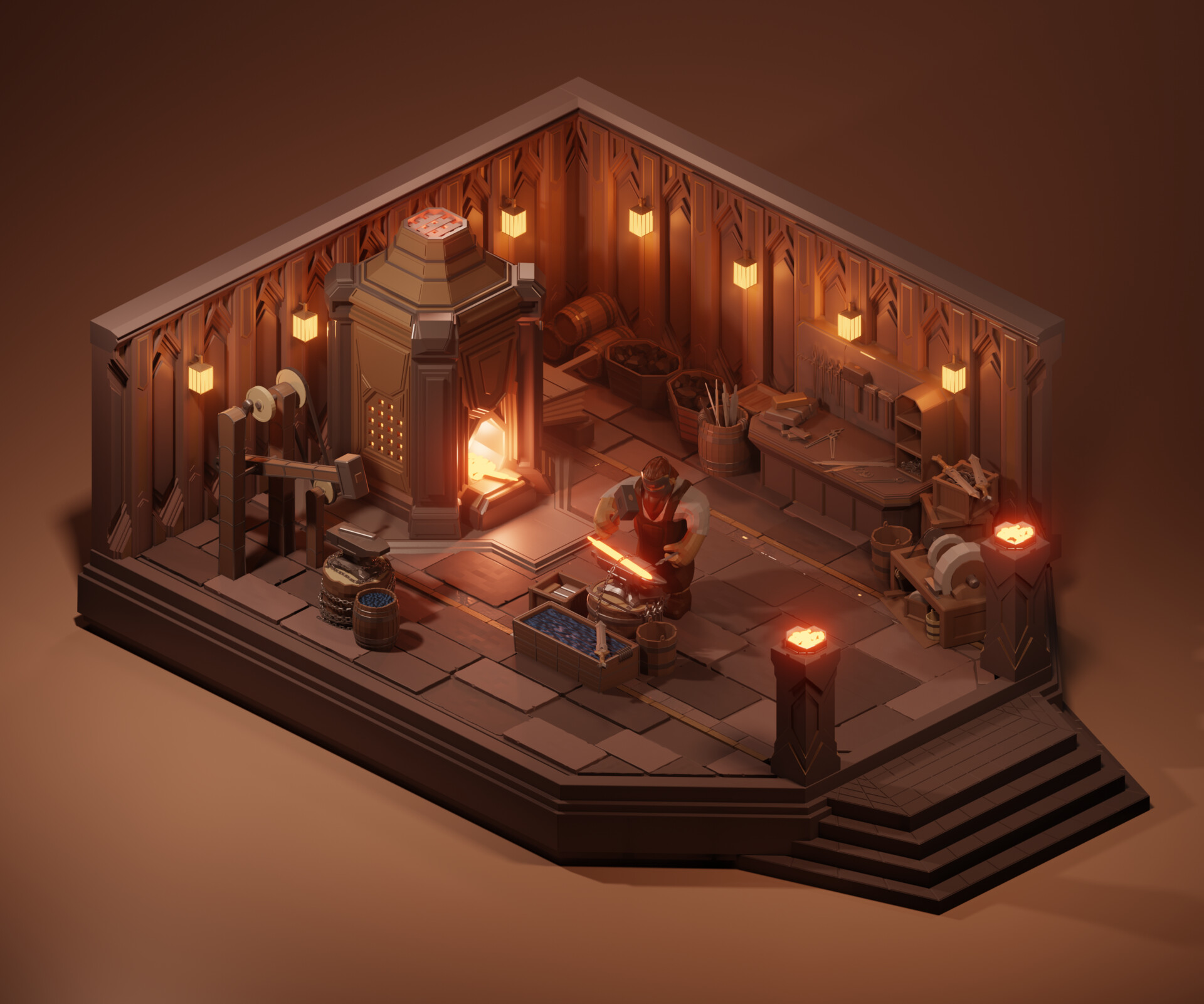 ИЗИ Blender - Smithy of the Ancients: Stylized low poly diorama featuring a dwarven forge and ...