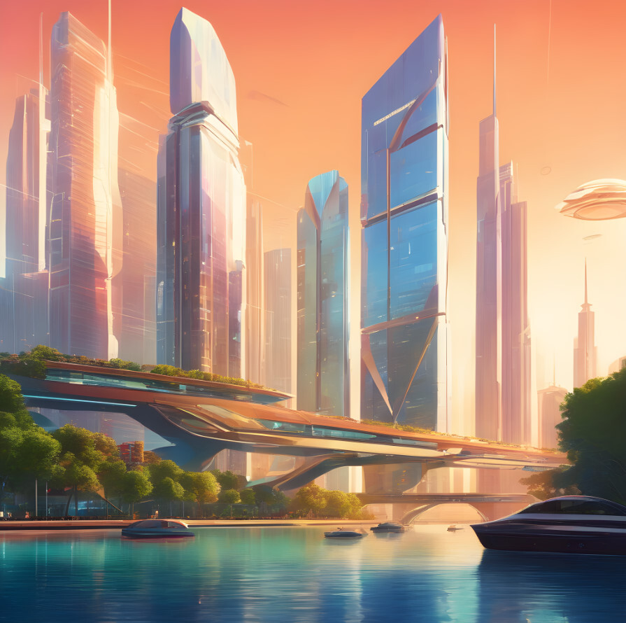ArtStation - peaceful sunset at futuristic coastal city