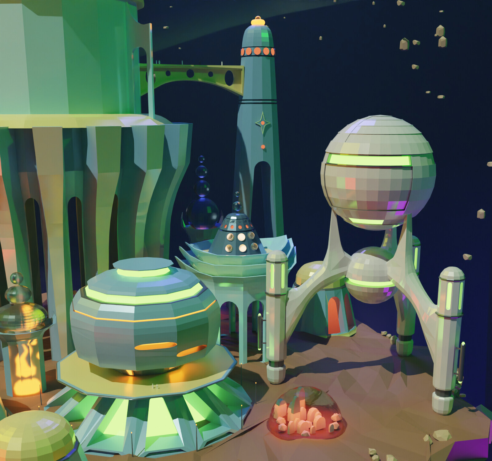 ИЗИ Blender - Spacetown: Inspired by Ray Feibush's Far-Out Worlds, stylized low poly diorama