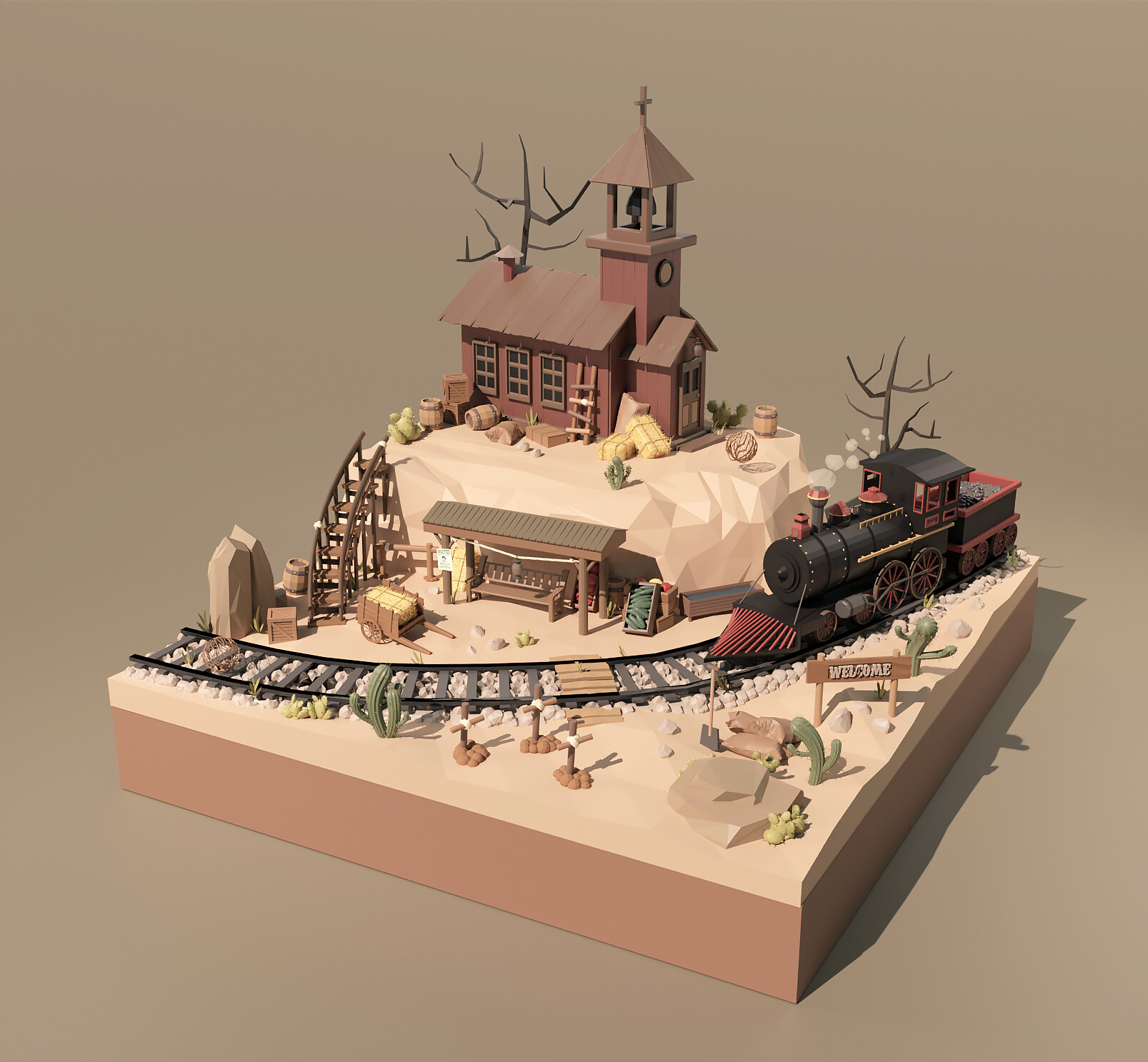 ArtStation - Wild West Rustic Railroad: stylized low poly diorama