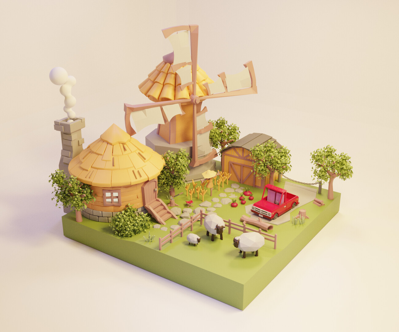 ArtStation - Morning on the Farm: Low poly diorama