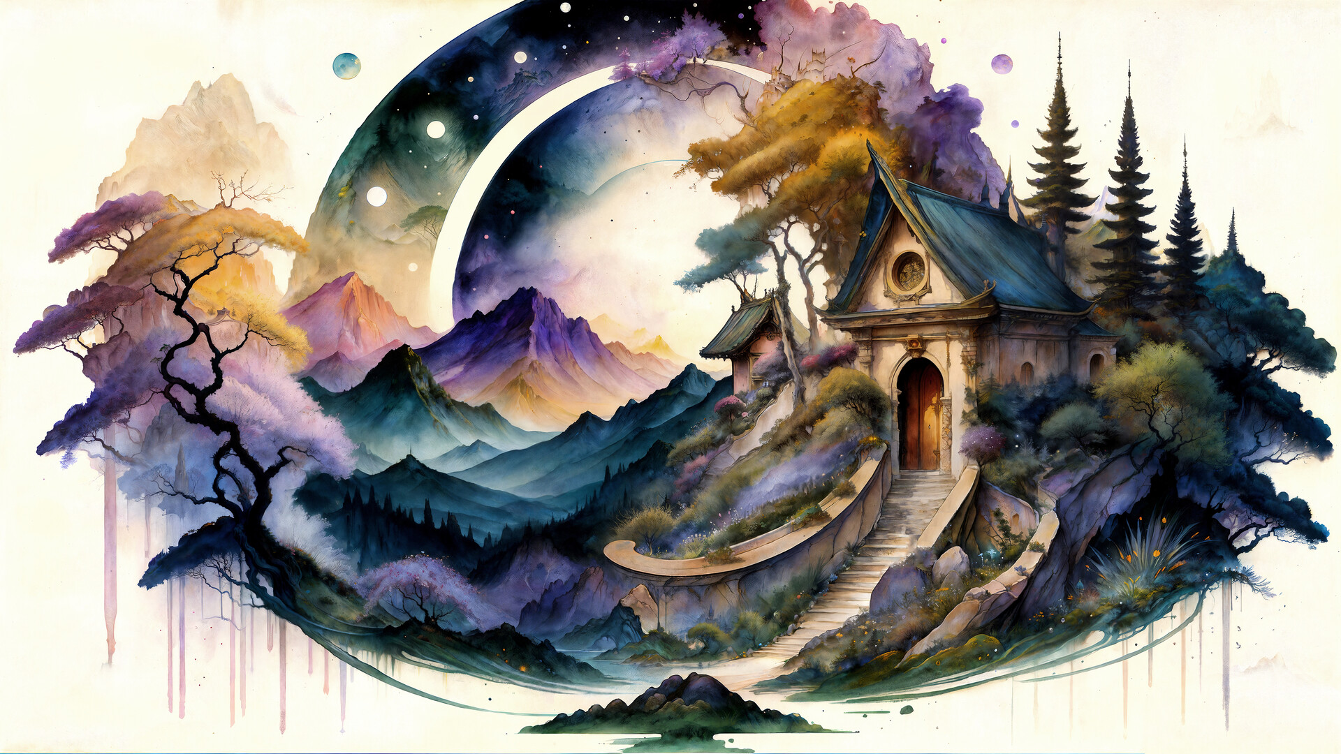 ArtStation - An old elf's house against the mountains.