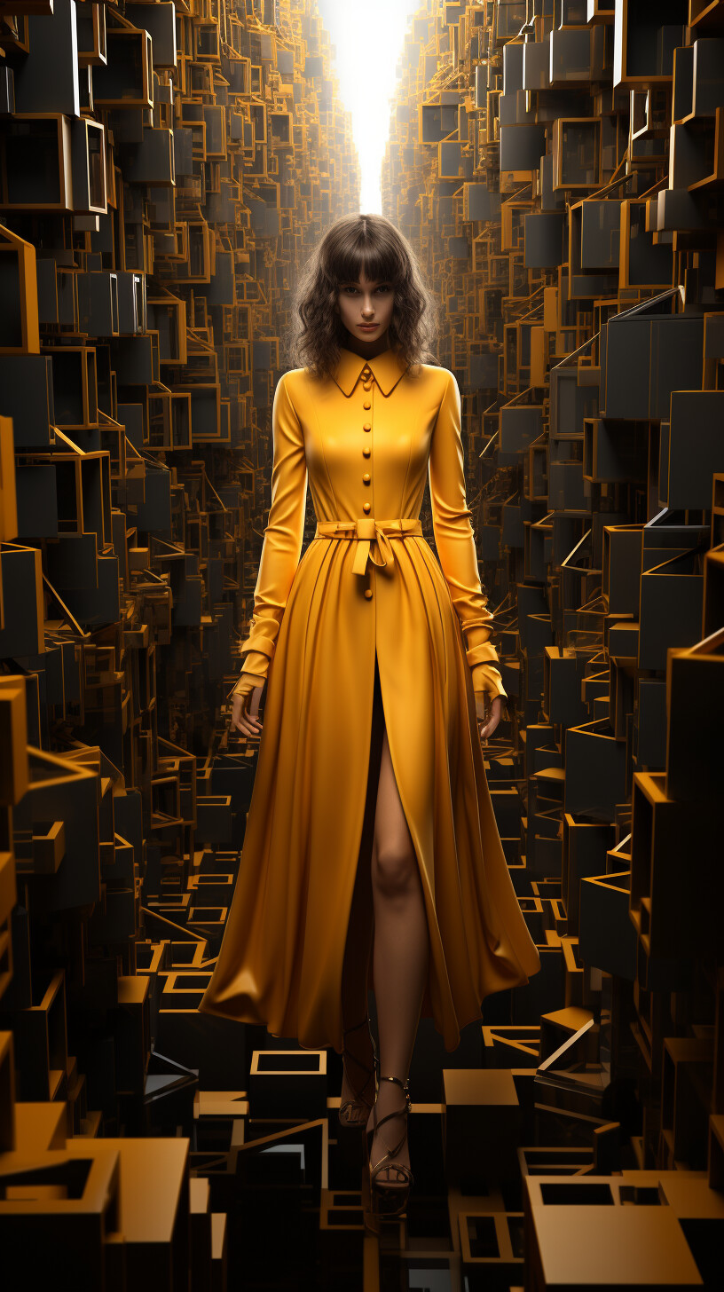 ArtStation - female in a yellow dress standing in a world of cubes